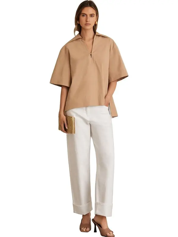 REISS Craft Stitch Collared Cotton Blend Top - Camel