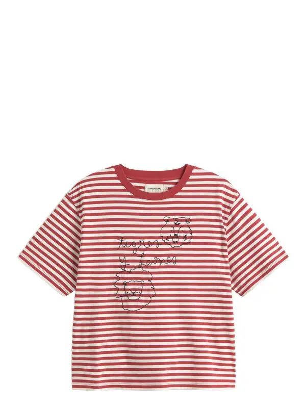 THINKING MU Embroidered Tigers And Lions Cotton T-shirt - Red