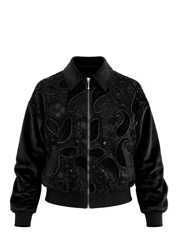 LALIPOP DESIGN Velvet Embroidered Bomber Jacket - Black