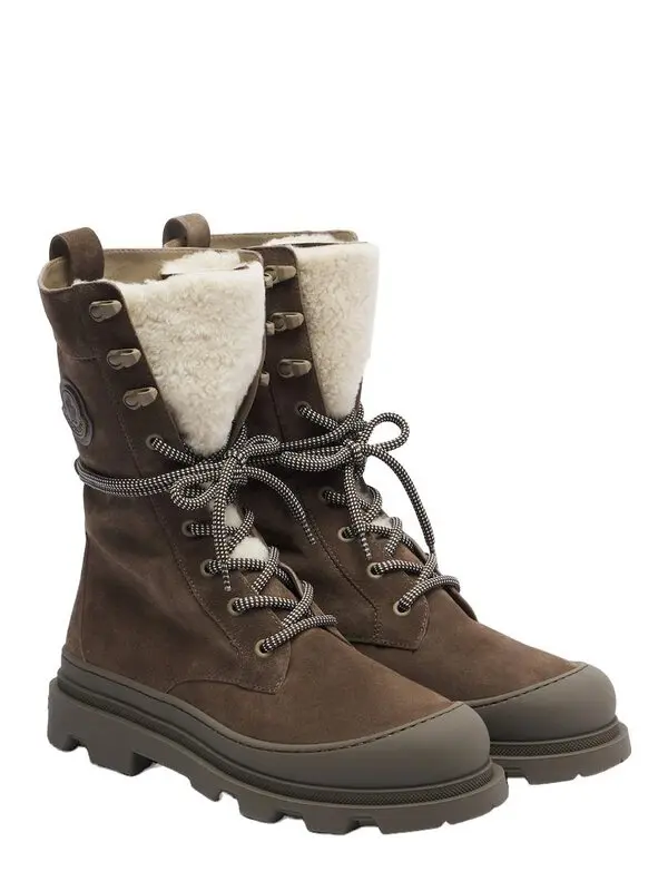 Moncler Shearling-trimmed Suede Lace-up Boots - Brown