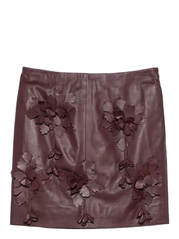 Alberta Ferretti Faux Leather Mini Skirt With Floral Appliqués - Brown