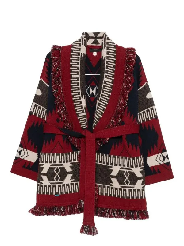 Alanui Icon Cashmere Cardigan With Geometric Pattern And Fringe Trim - Red