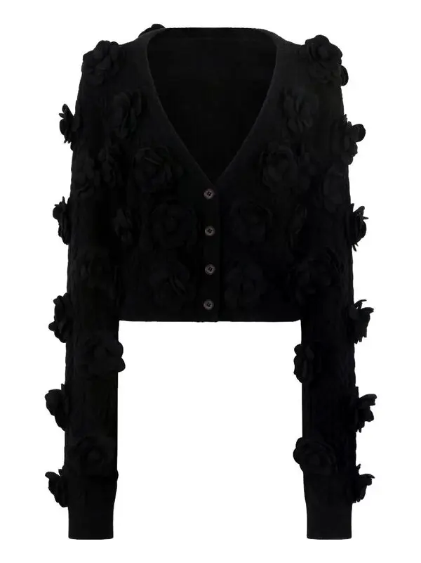 Philipp Plein Floral Appliqué Cable Knit Cardigan - Black