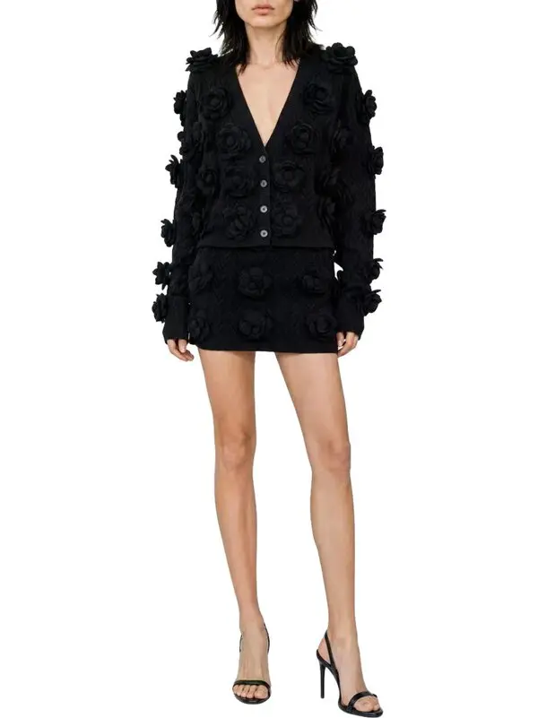 Philipp Plein Floral Appliqué Cable Knit Cardigan - Black