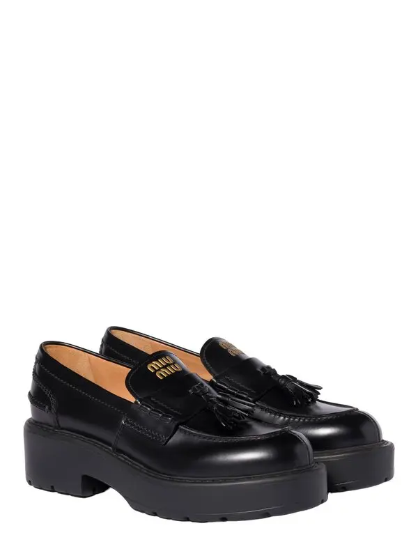 Miu Miu Brushed Leather Tassel Loafers With Platform Sole - Black