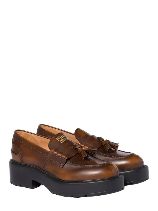 Miu Miu Deco Leather Loafers With Tassels - Sienna
