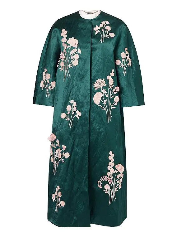 Erdem Floral Embroidered Textured Satin Coat - Forest Green