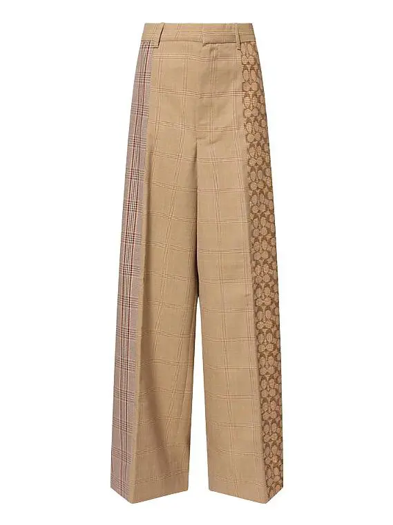 COACH Monogram And Plaid Wool-blend Wide-leg Trousers - Brown Multi