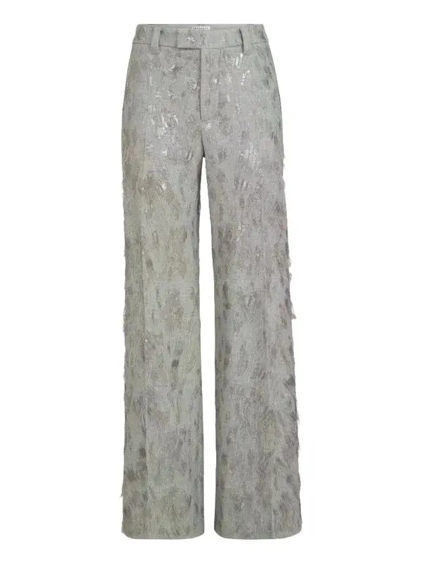 Brunello Cucinelli Virgin Wool And Cashmere Twill Flannel Loose Flared Trousers With Lynx Embroidery - Grey