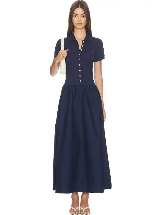 Polo Ralph Lauren Short Sleeve Collared A-line Midi Dress - Navy