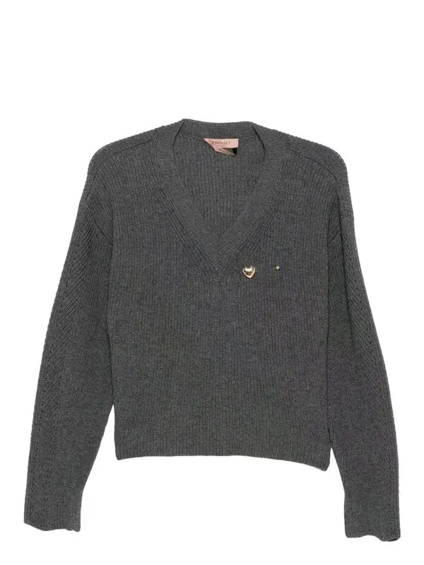 TWINSET Ribbed Knit V-neck Sweater - Grey