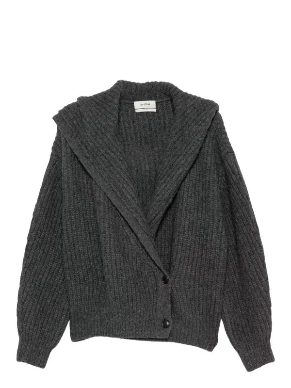 SYSTEM Ribbed Knit Hooded Cardigan With Shawl Lapels - Grey