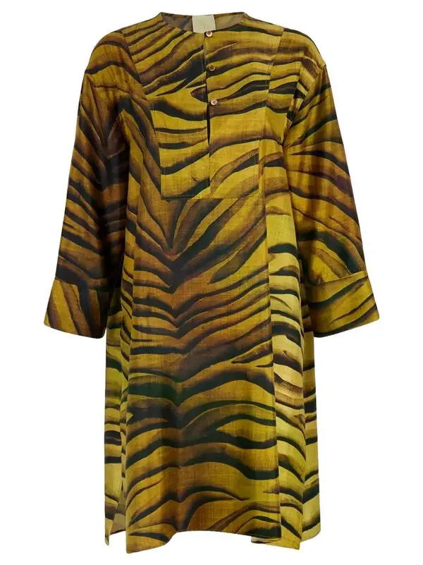 PAULA Buttoned Silk Twill Dress With Tiger Print - Yellow