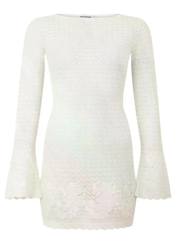 SELF-PORTRAIT Crochet Knit Mini Dress With Flared Sleeves - Neutrals