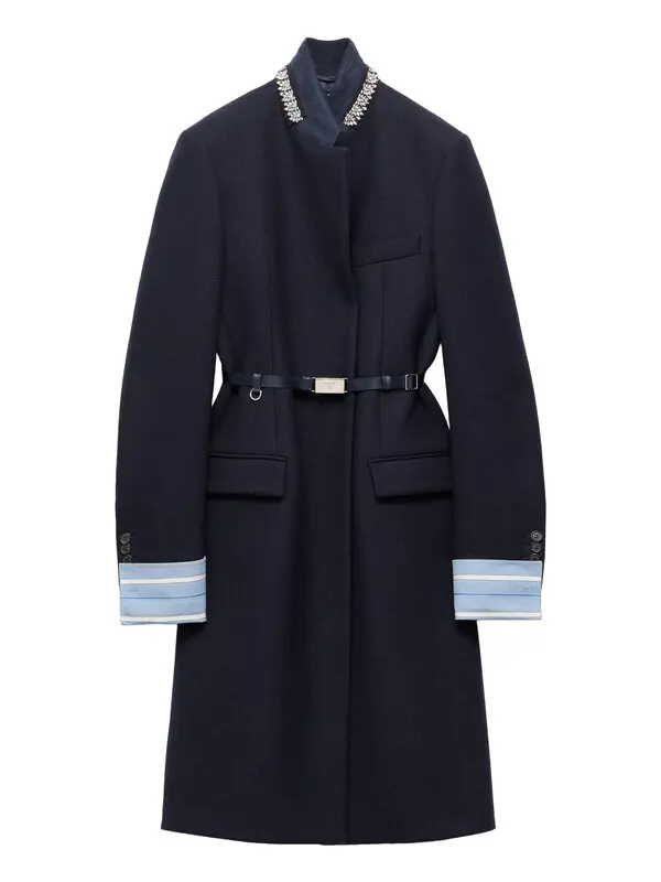 Prada Single-breasted Embroidered Double Wool Coat - Navy
