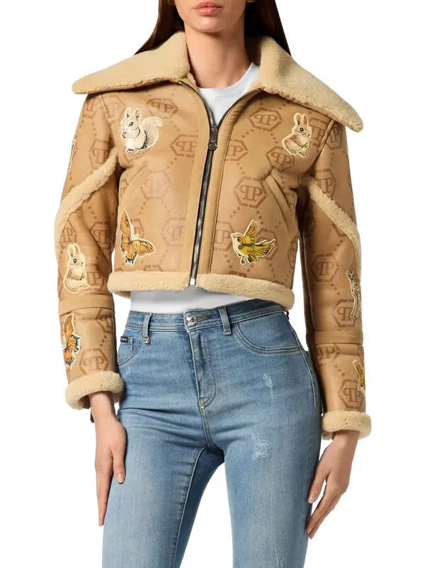 Philipp Plein Cropped Shearling Jacket With Butterfly Print And Fur Collar - Beige
