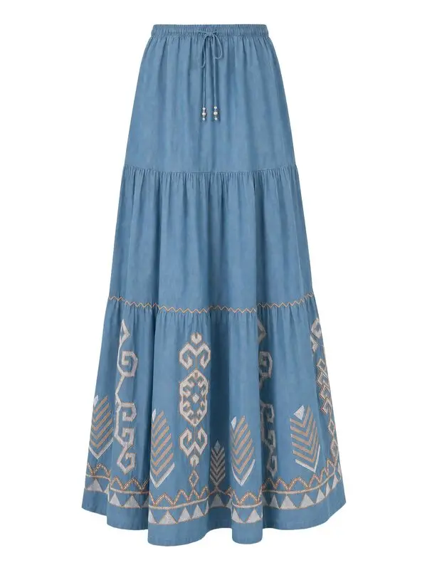 Adrift Clothing Elora Chambray Tiered Maxi Skirt With Embroidery - Blue