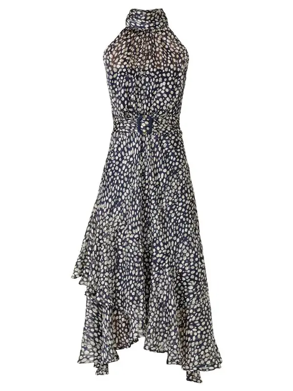 SACHA DRAKE Navy White Spot Chiffon Halterneck Dress - Blue