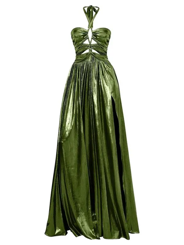 MODA GLAM Metallic Halterneck Gown - Green