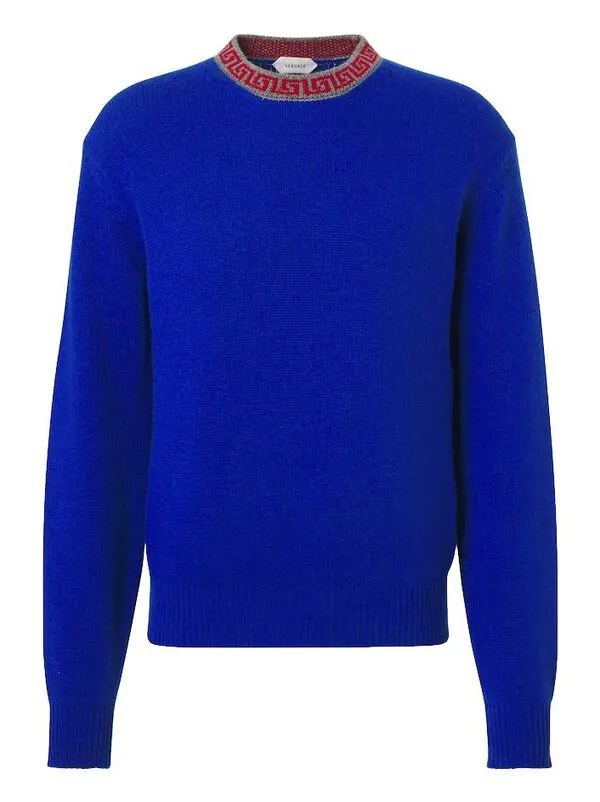 Versace Greca Border Wool And Cashmere Crewneck Sweater - Blue