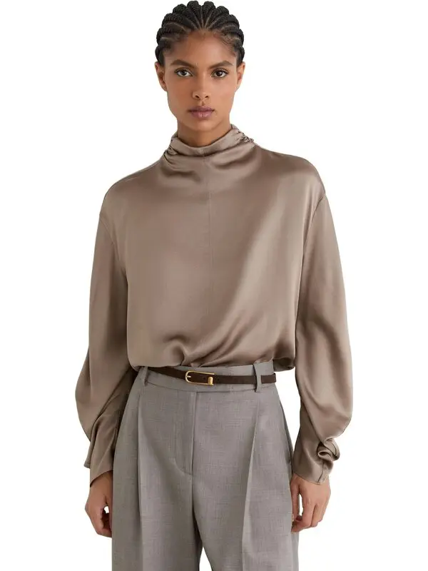 REISS Silk High-neck Blouse - Neutral