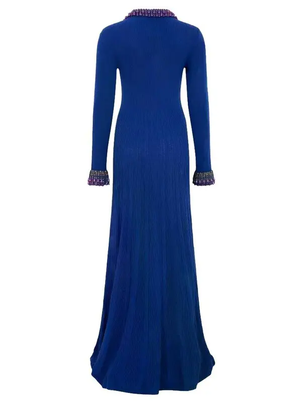 Alberta Ferretti Ribbed Maxi Dress With Embellished Collar And Cuffs - Blue