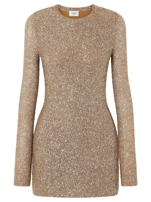 Saint Laurent Sequined Knitted Mini Dress - Brown