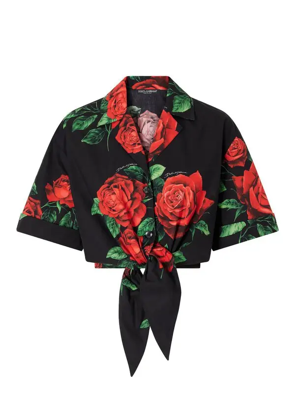 Dolce & Gabbana Floral-printed Cotton-poplin Cropped Shirt - Black