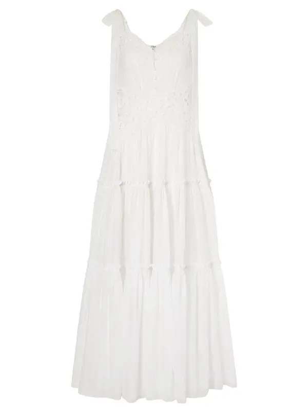 Chloé Bow-detailed Tiered Broderie Anglaise Cotton Maxi Dress - White