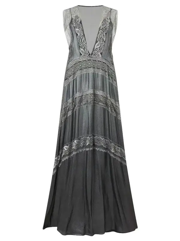 Alberta Ferretti V-neck Sleeveless Embroidered Maxi Dress - Grey