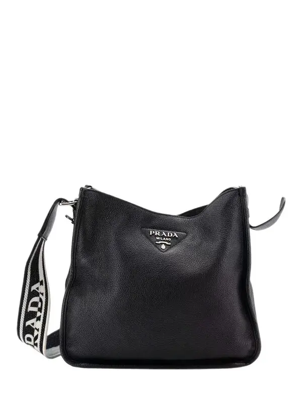 Prada Logo Strap Leather Medium Hobo Bag - Black