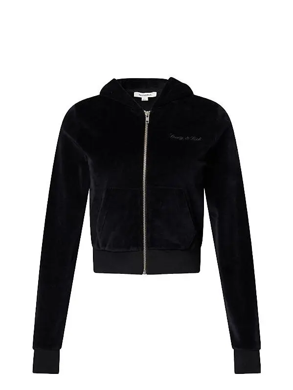 SPORTY & RICH Crystal-logo Zip-up Cotton Velour Hoodie - Black