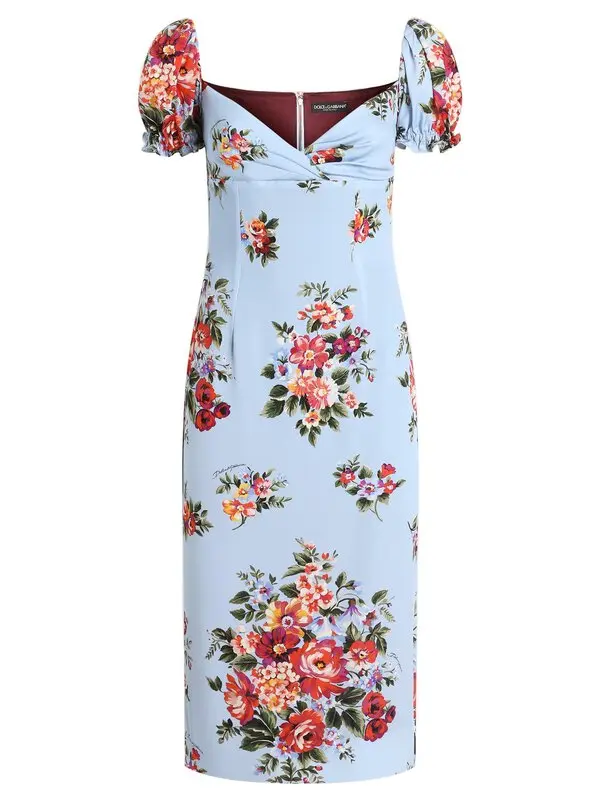 Dolce & Gabbana Floral Bouquet Print Puff Sleeve Midi Dress - Multicolor