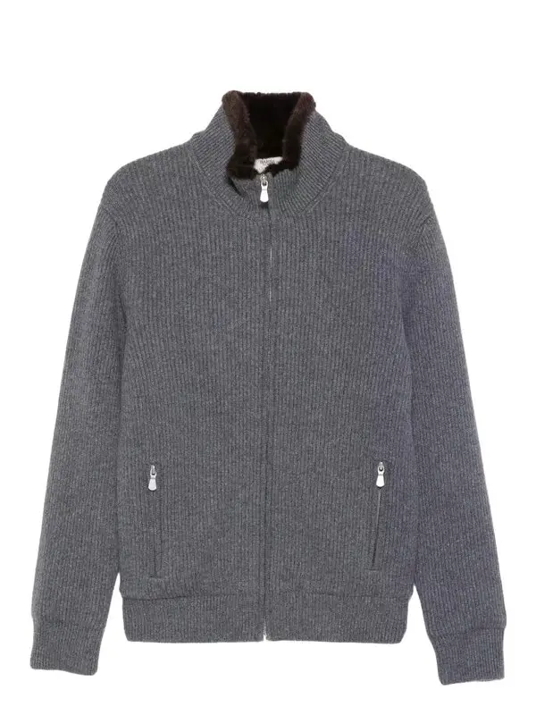 BARBA NAPOLI Fur-trimmed Ribbed Knit Jacket - Grey