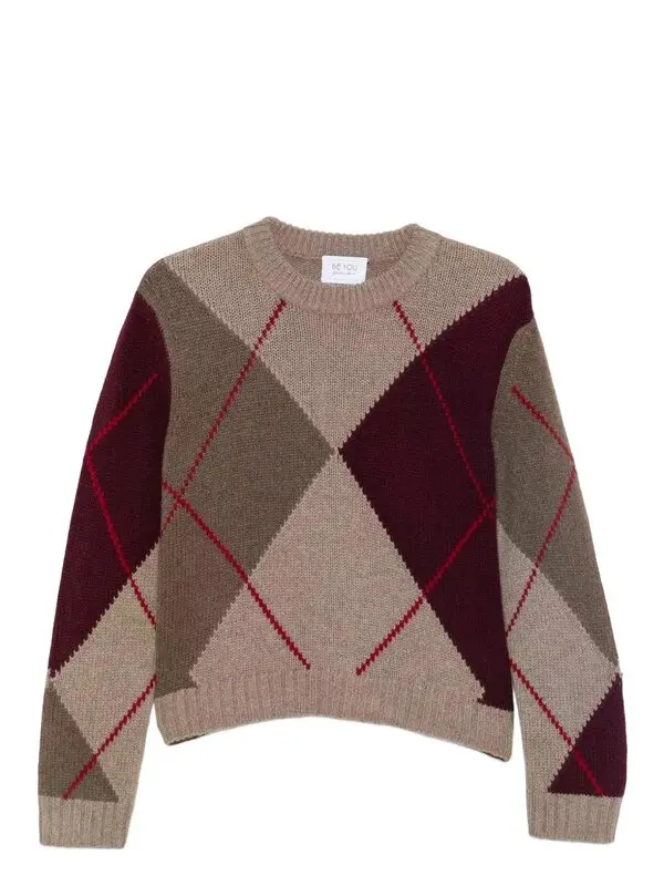 BEYOU Argyle Pattern Crew Neck Sweater - Red
