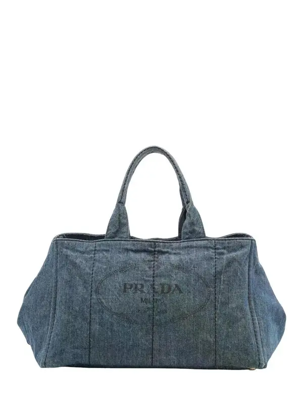 Prada 2013-2026 Large Denim Canapa Logo Tote Satchel - Blue