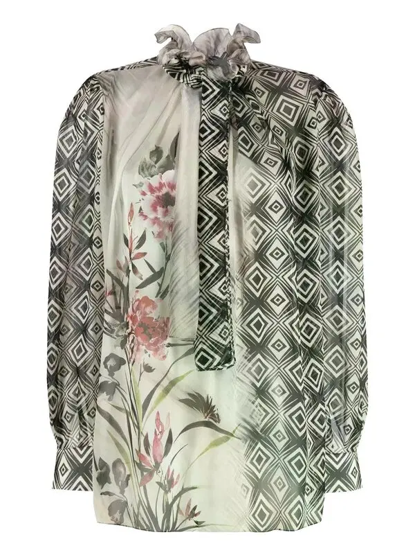 Alberta Ferretti Frilled-neck Long-sleeve Blouse With Floral And Geometric Prints - Neutrals