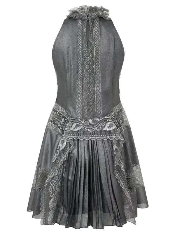 Alberta Ferretti Sleeveless High Neck Ruffled Mini Dress With Pleated Skirt - Grey