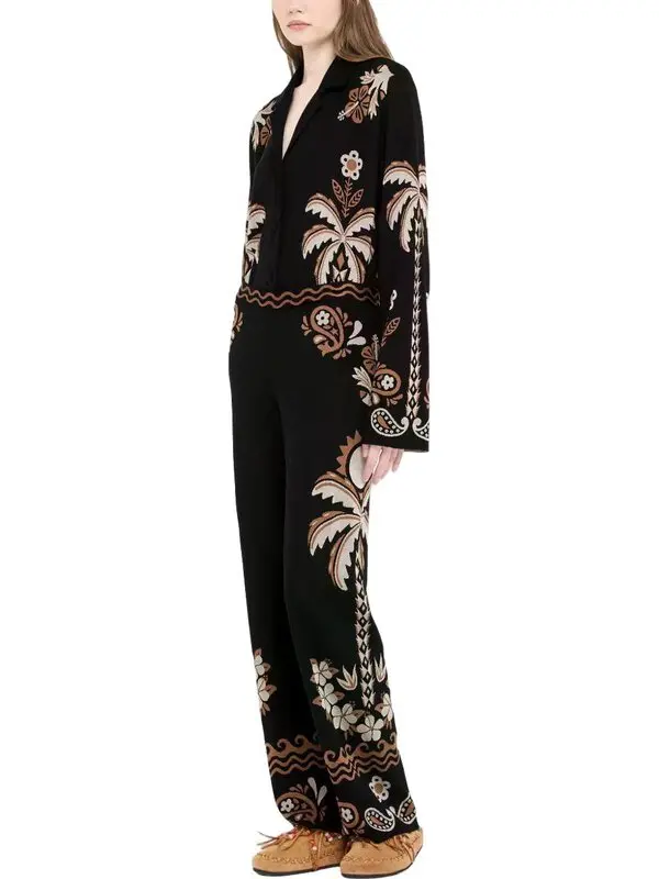 Alanui Jacquard Knit Trousers With Floral And Palm Tree Motifs - Black
