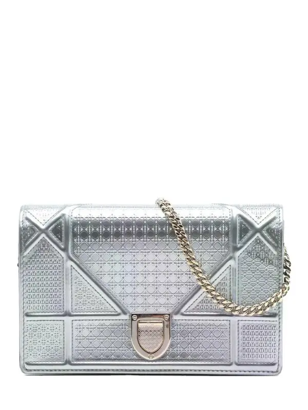 Dior Metallic Patent Microcannage Diorama Wallet On Chain Crossbody Bag - Silver