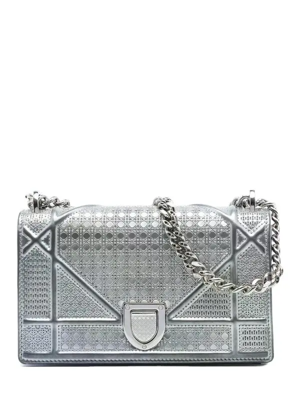 Dior Metallic Patent Microcannage Diorama Flap Crossbody Bag - Silver