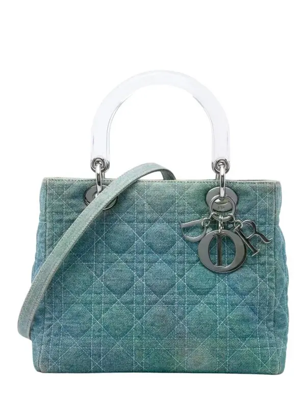 Dior 1999 Medium Denim Cannage Acrylic Handles Lady Satchel - Blue