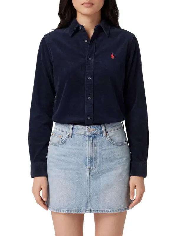 Polo Ralph Lauren Slim Fit Velvet Shirt With Embroidered Pony Logo - Navy