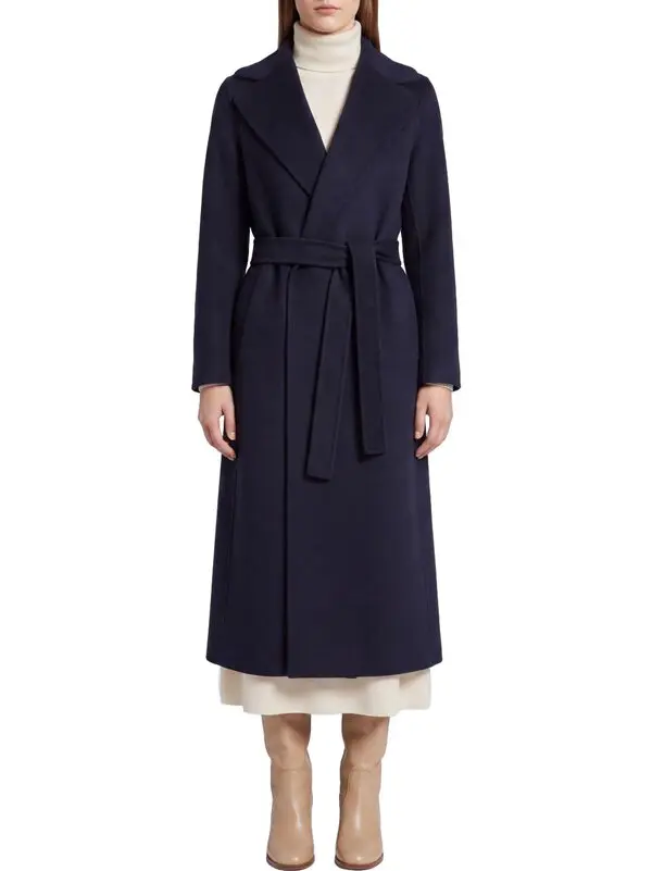 Max Mara Long Belted Wool Robe Coat - Navy