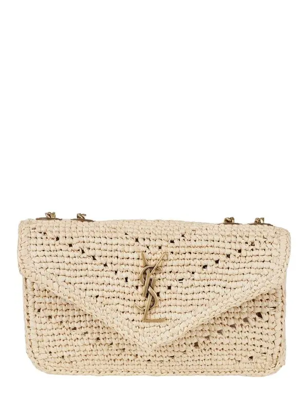 Saint Laurent Loulou Mini Crochet Raffia Bag With Metallic Monogram - Beige