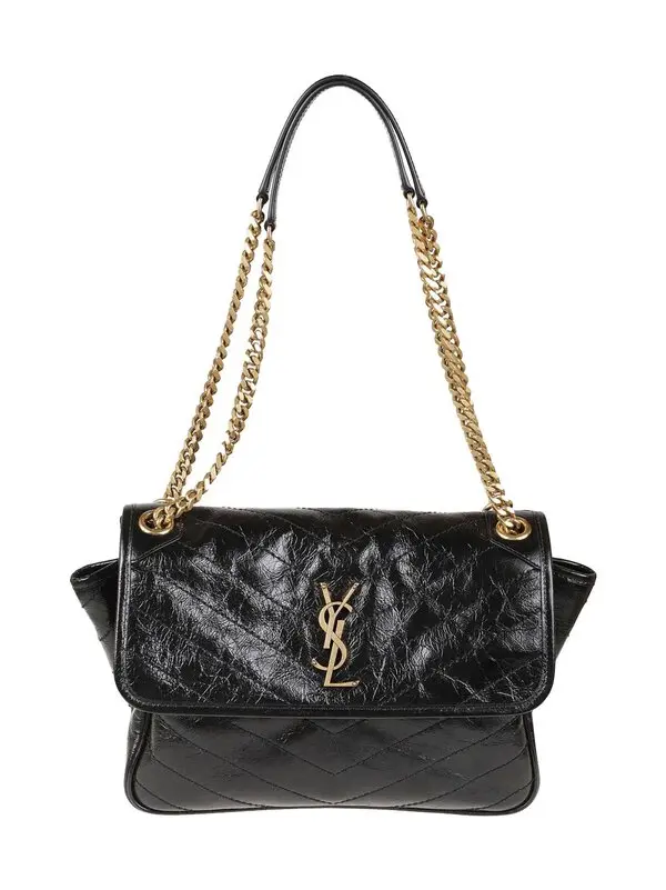 Saint Laurent Quilted Crinkled Leather Shoulder Bag With Monogram - Black