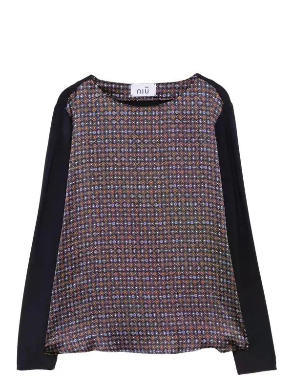 NIU Geometric Print Blouse With Boat Neck And Long Sleeves - Blue