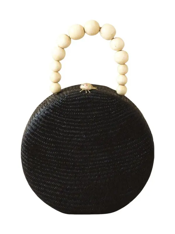 Likhâ Round Straw Handbag With Wood Bead Handle - Black