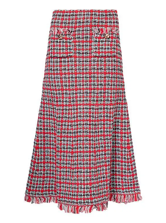 SELF-PORTRAIT Checked Cotton-knit Midi Skirt - Red