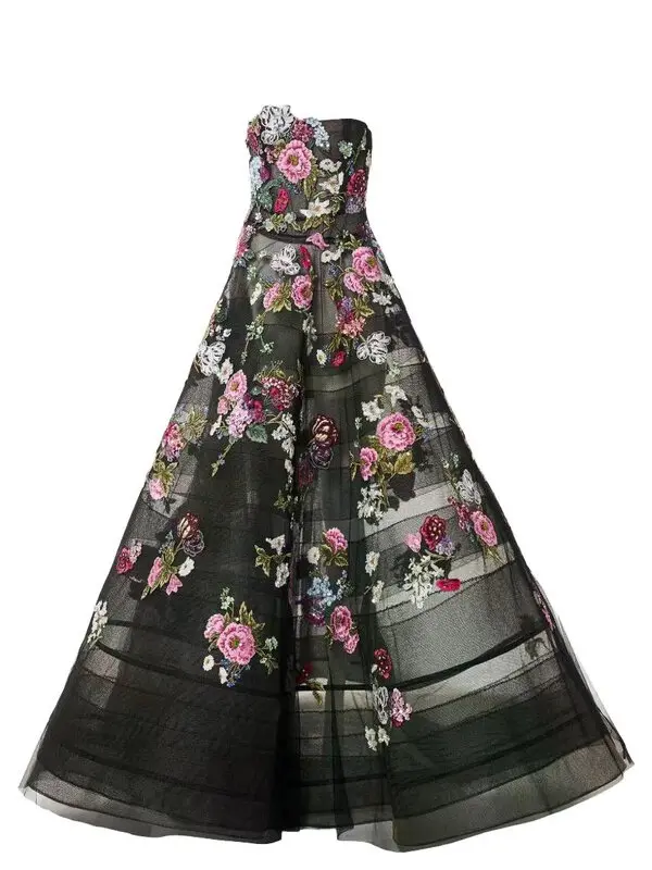Carolina Herrera Floral Embroidered Sleeveless Maxi Dress - Black